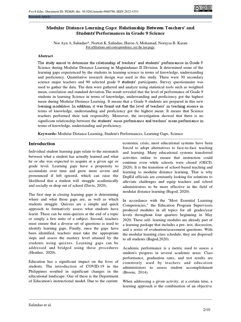 Modular Distance Learning Gaps: Relationship Between Teachers' and Students' Performances in ...
