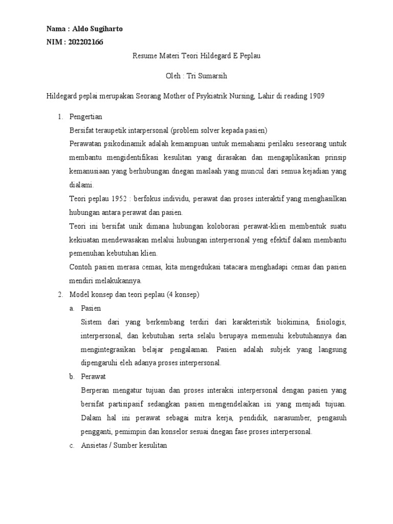 Resume Teori Hildegard E Peplau Aldo 202202166 | PDF