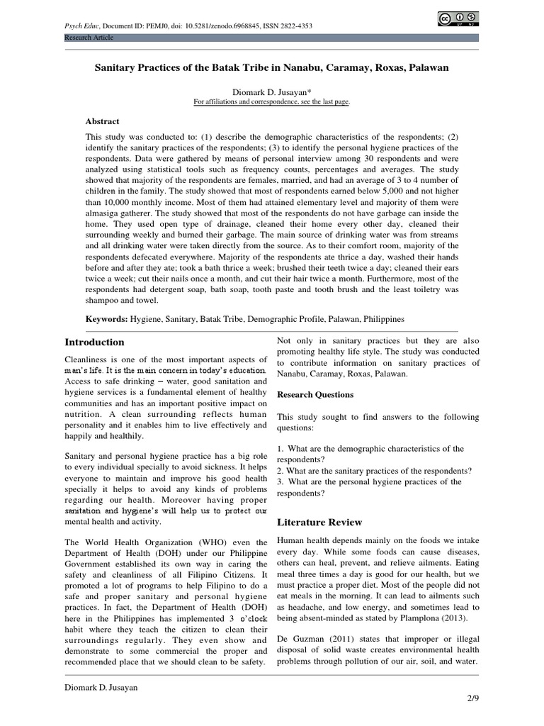 Sanitary Practices of The Batak Tribe in Nanabu, Caramay, Roxas ...