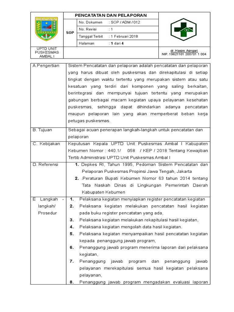 SOP PENCATATAN DAN PELAPORAN | PDF