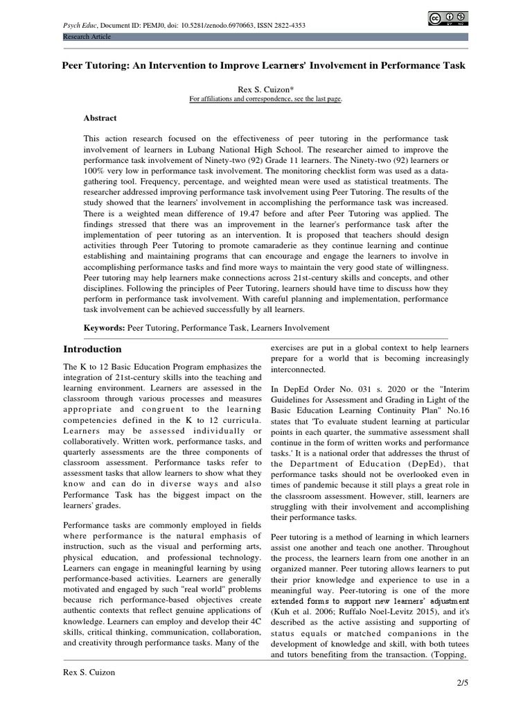 Peer Tutoring: An Intervention To Improve Learners' Involvement in Performance Task | Download ...