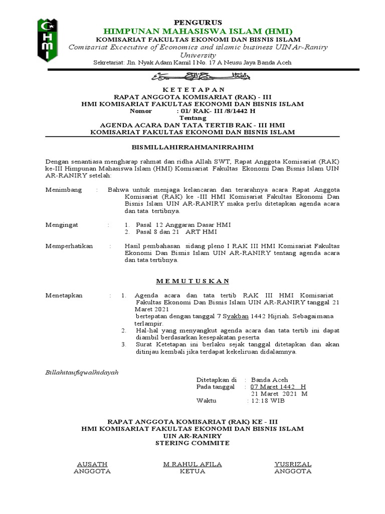 Agenda RAK III HMI FEBI UIN Ar-Raniry | PDF