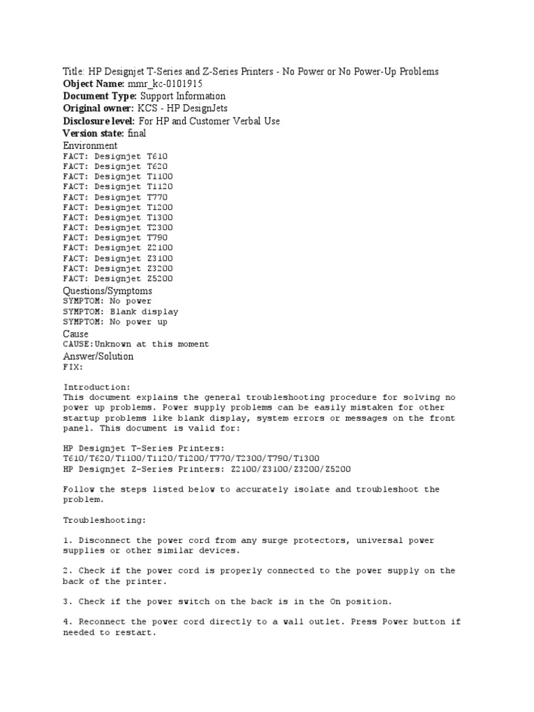 HP Designjet T Series and Z Series Printers No Power or No PowerUp ...