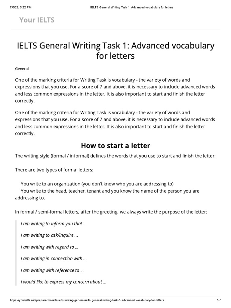 IELTS General Writing Task 1 - Advanced Vocabulary For Letters | PDF ...