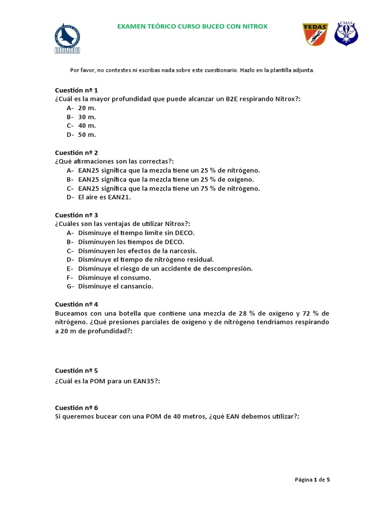 Modelo Examen Nitrox FEDAS | PDF