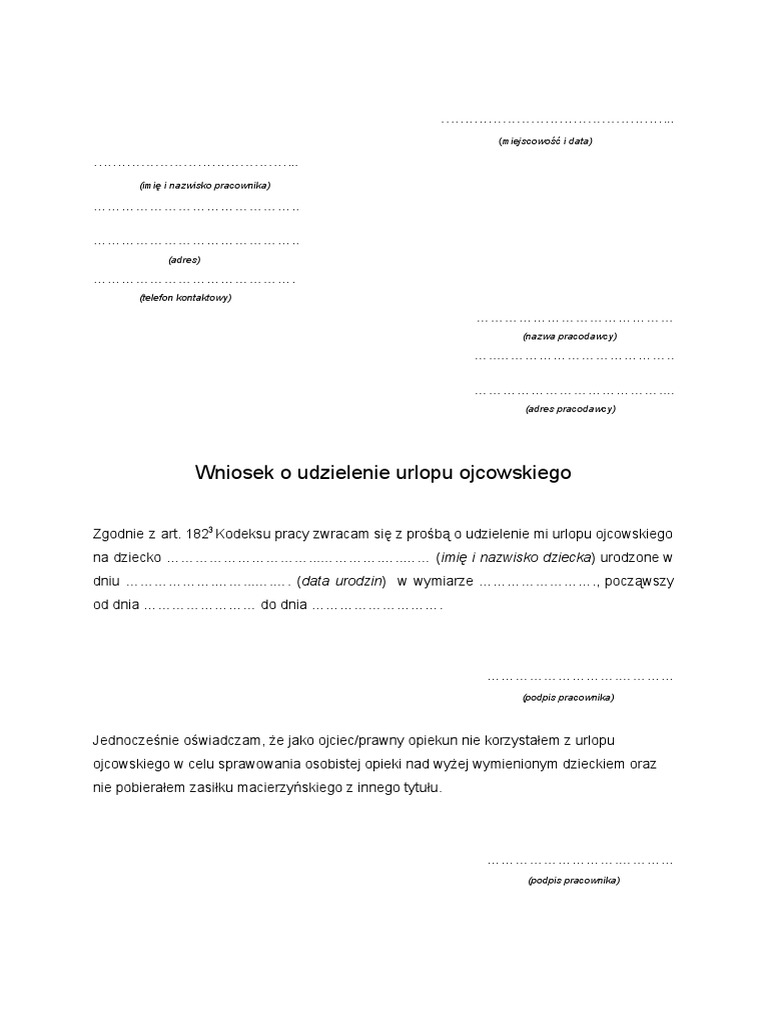 Wniosek o Urlop Ojcowski - Wzór | PDF
