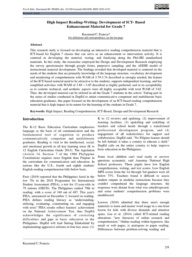 High Impact Reading-Writing Development of Ict-Based Enhancement Material For Grade 7 | PDF ...