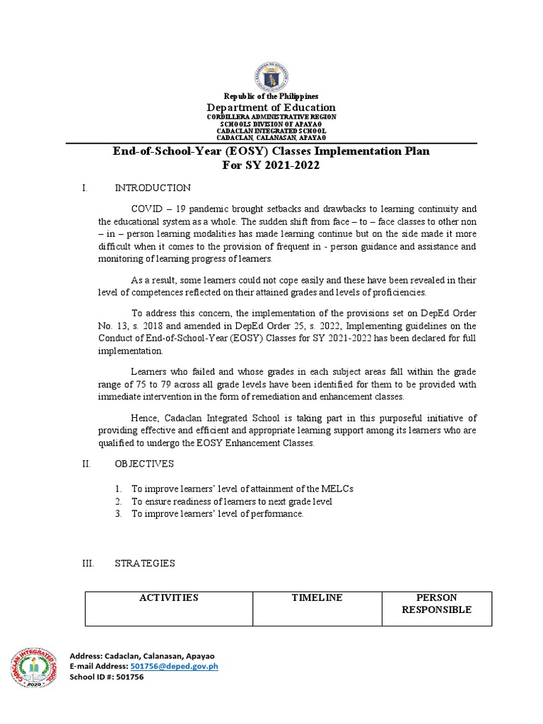 EOSY Classes Plan for Cadaclan School | PDF | Teachers | Cognition