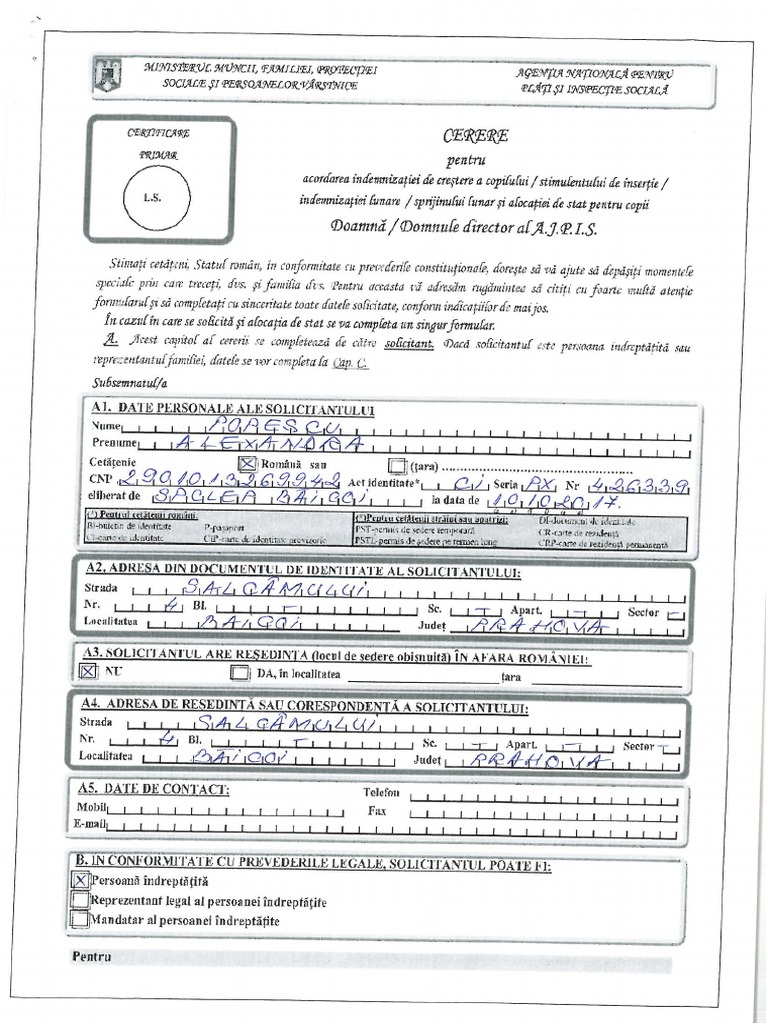 Cerere Pentru Acordarea Indemnizației de Creștere A Copilului Sau Stimulentului de Inserție ...