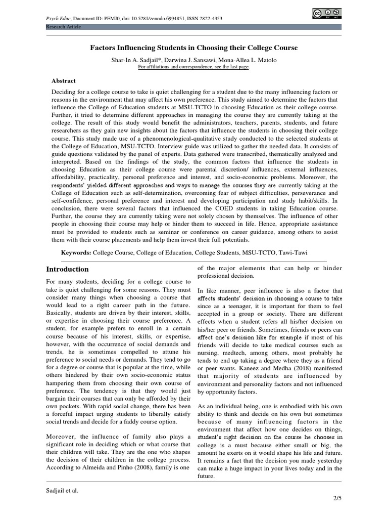 Factors Influencing Students in Choosing Their College Course | PDF