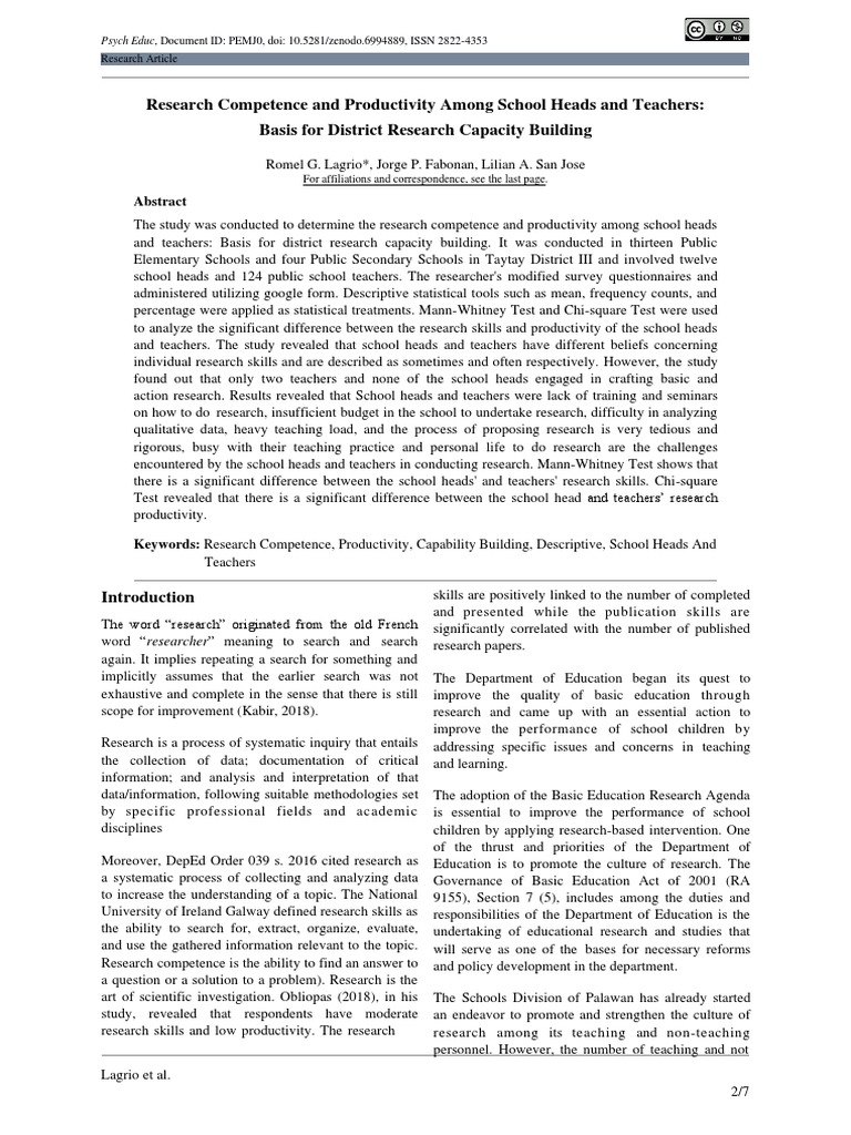 Research Competence and Productivity Among School Heads and Teachers ...