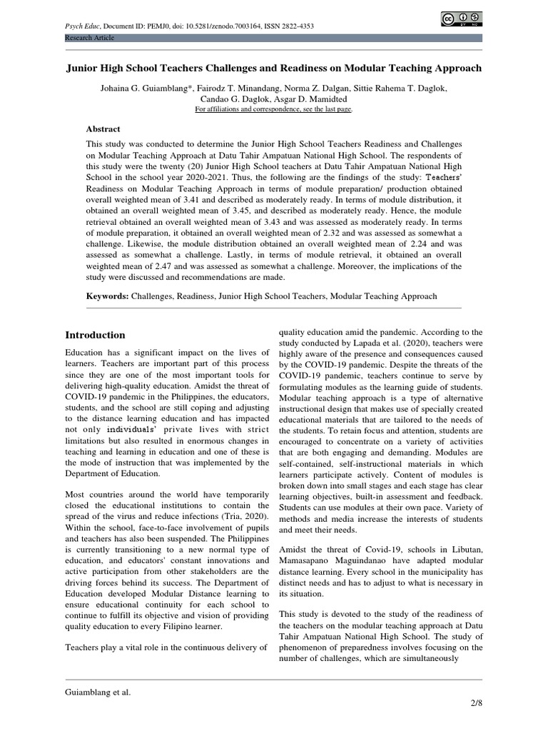 Junior High School Teachers Challenges and Readiness On Modular Teaching Approach | PDF ...