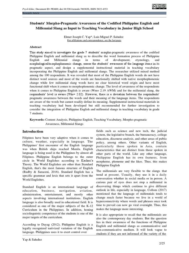 Students’ Morpho-Pragmatic Awareness of the Codified Philippine English ...