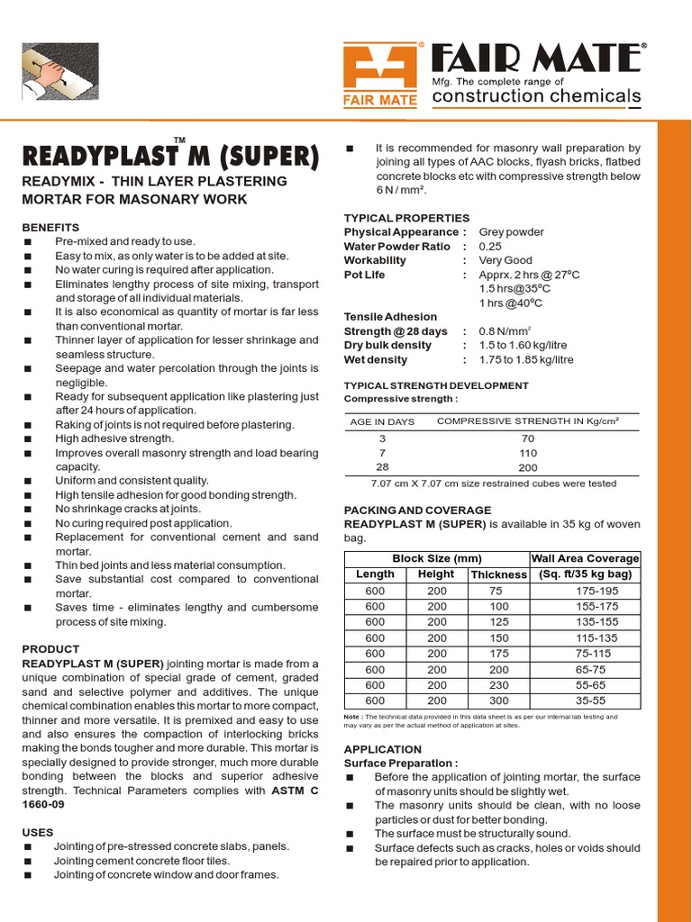 Readyplast M Super Ready Mix Plastering Mortar | PDF | Masonry | Mortar ...