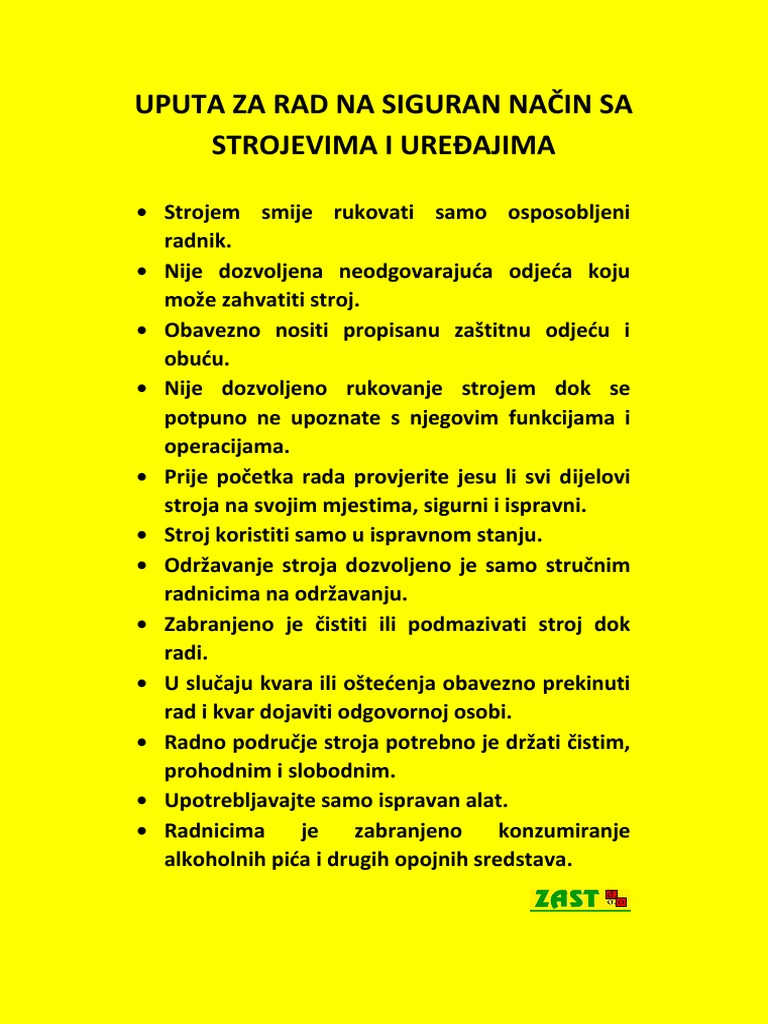 Uputa Za Rad Na Siguran Način Sa Strojevima I Uređajima | PDF