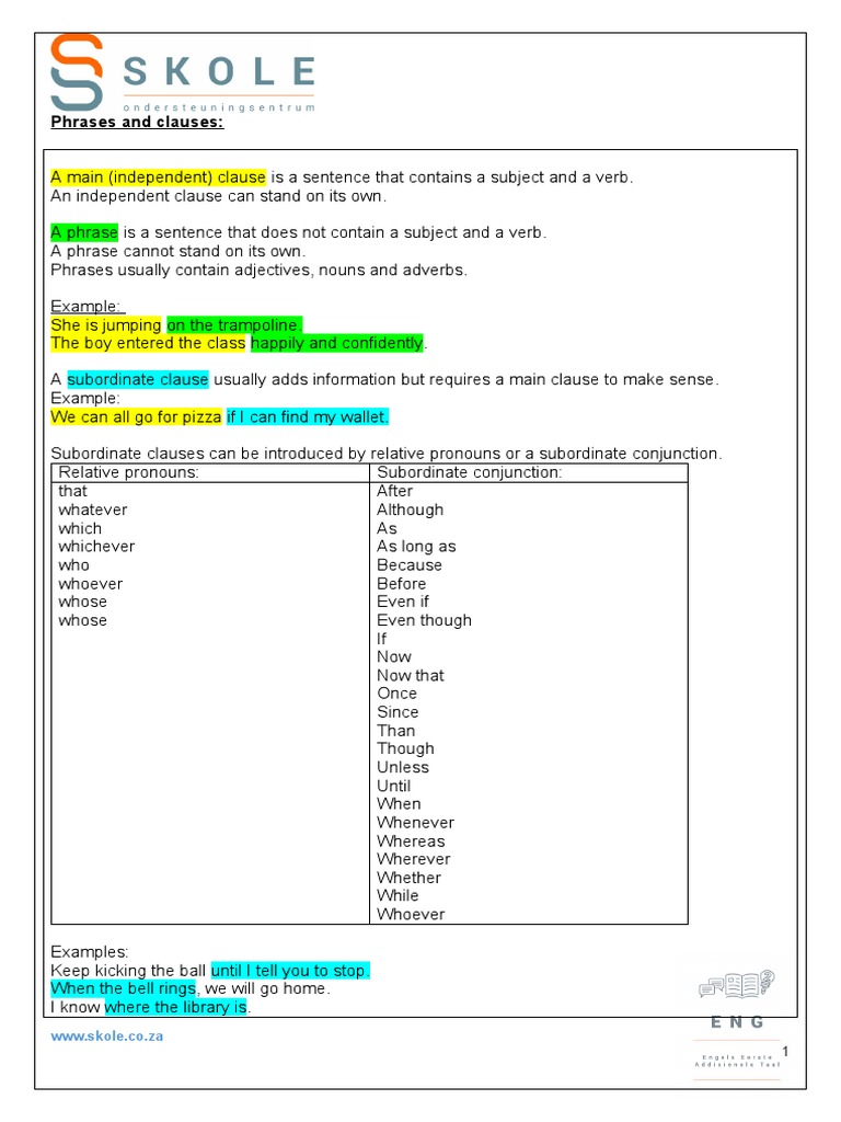 Clauses and Phrases Worksheet and Memo | PDF | Clause | Verb