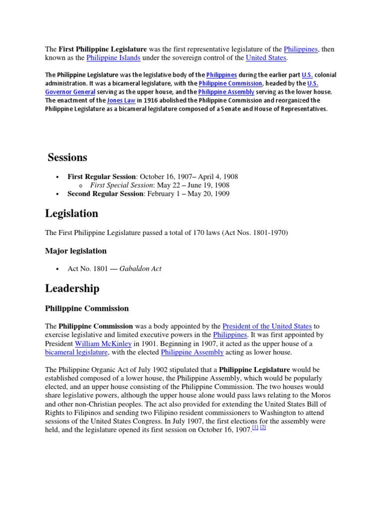 Overview of the First Philippine Legislature | PDF | Bill (Law ...