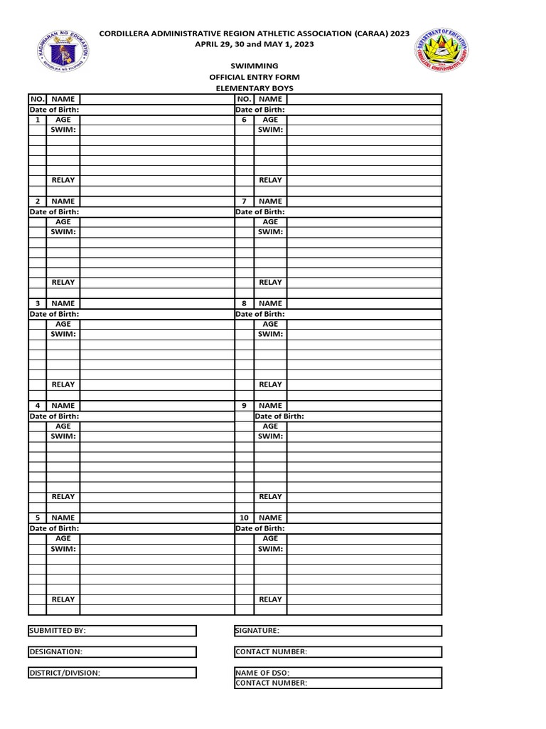 CARAA 2023 Swimming Entry Form | PDF