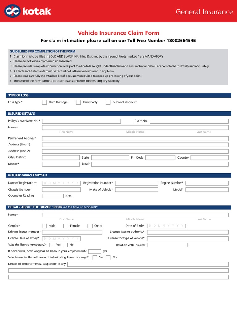 Vehicle Insurance Claim Submission Form | PDF | Insurance | Vehicle ...