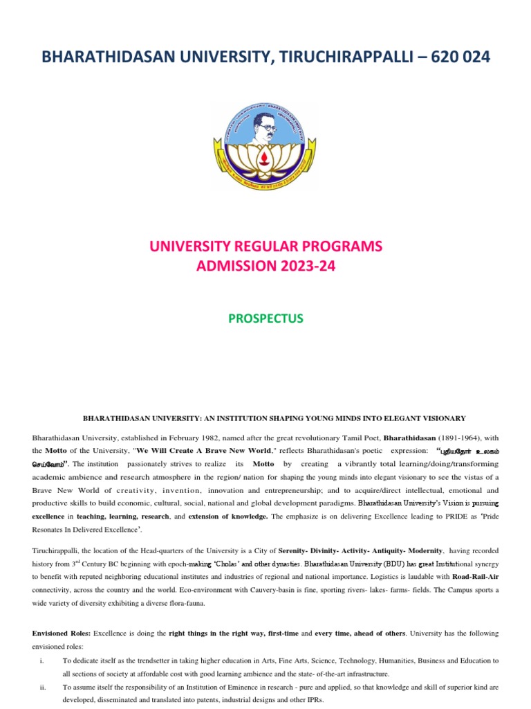 Bdu Regular Admissions 2023 2024 Prospectus | PDF | Bachelor Of Science ...