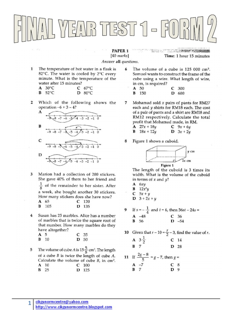 Final Year Exam Math Form 2 - Set 1 Paper 1 | PDF | Teaching ...