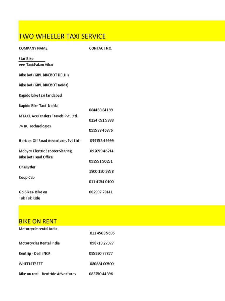 List Bike Taxi and Bike On Rent Service Company | PDF | Delhi | Motorcycle