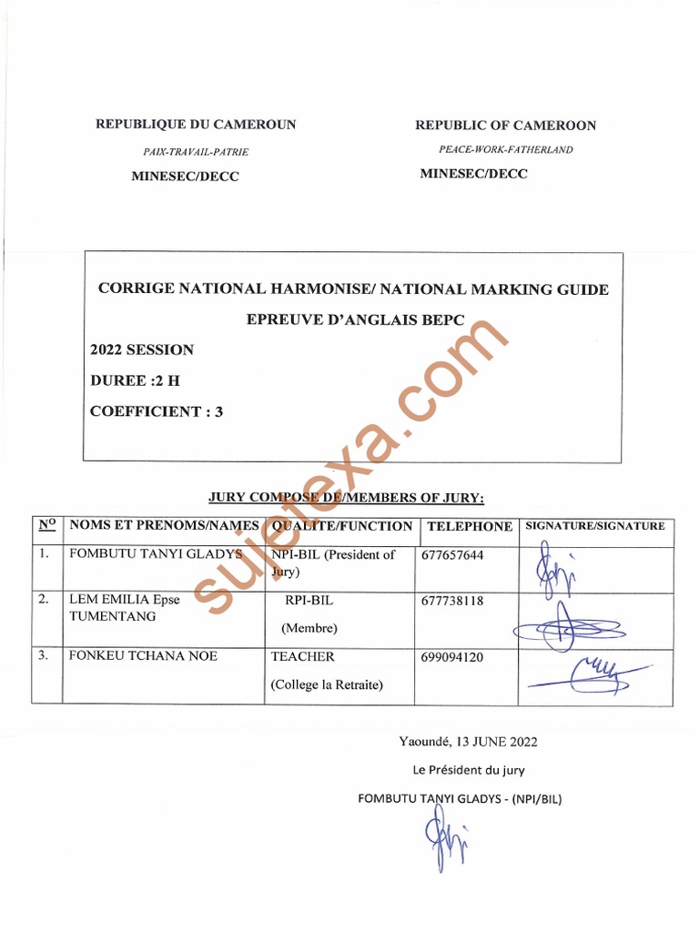 Corrigé Harmonisé National - Bepc Session 2022 Anglais Cameroun | PDF Corrigé Harmonisé National - Bepc Session 2022 Anglais Cameroun | PDF