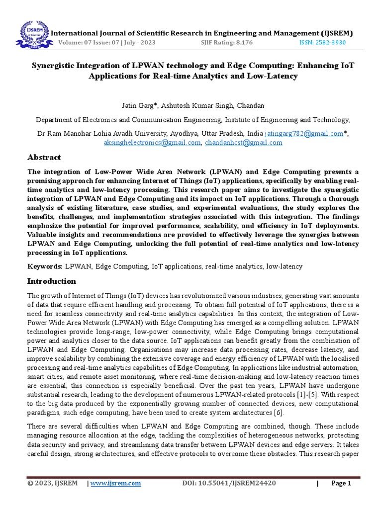 Synergistic Integration of LPWAN Technology and Edge Computing Enhancing IoT Applications For ...