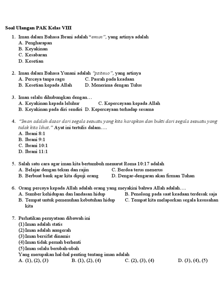Soal PTS PAK Kelas VIII | PDF