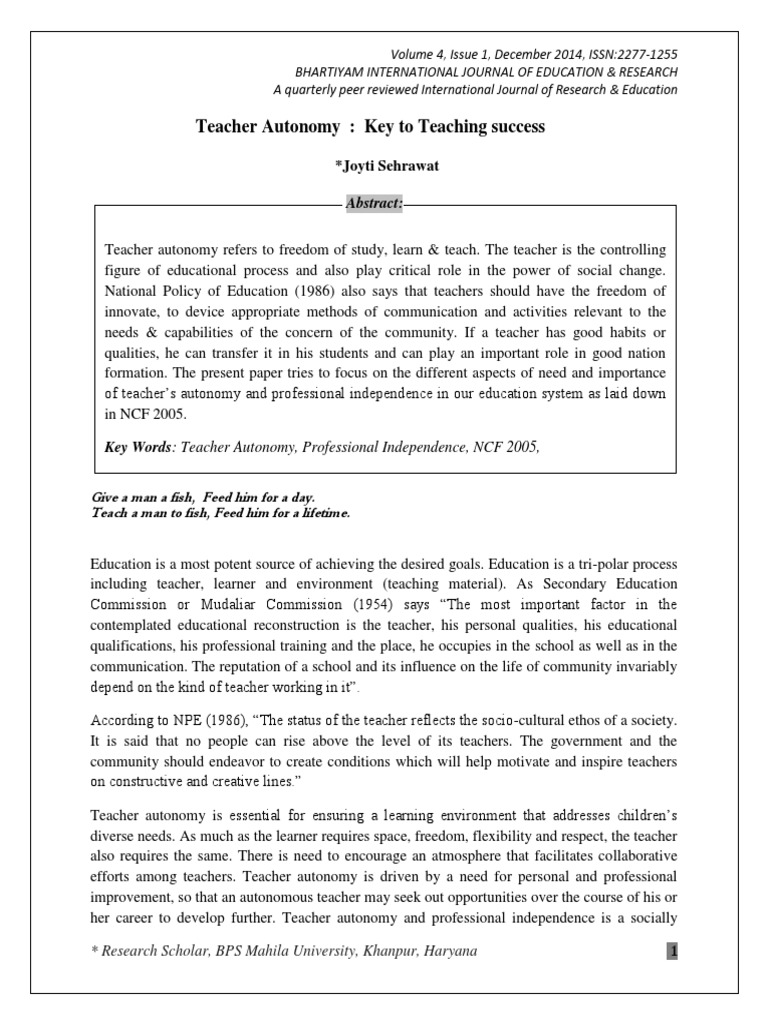 Teacher Autonomy: Key To Teaching Success | PDF | Teachers | Autonomy