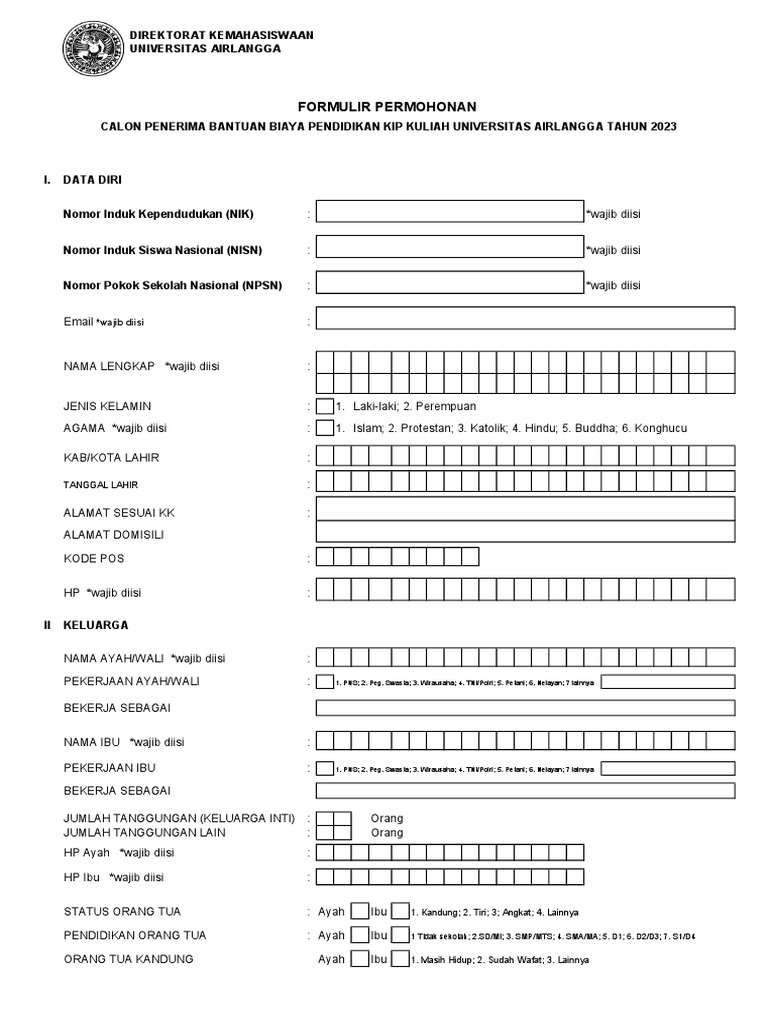 Formulir Pendaftaran KIP Kuliah | PDF