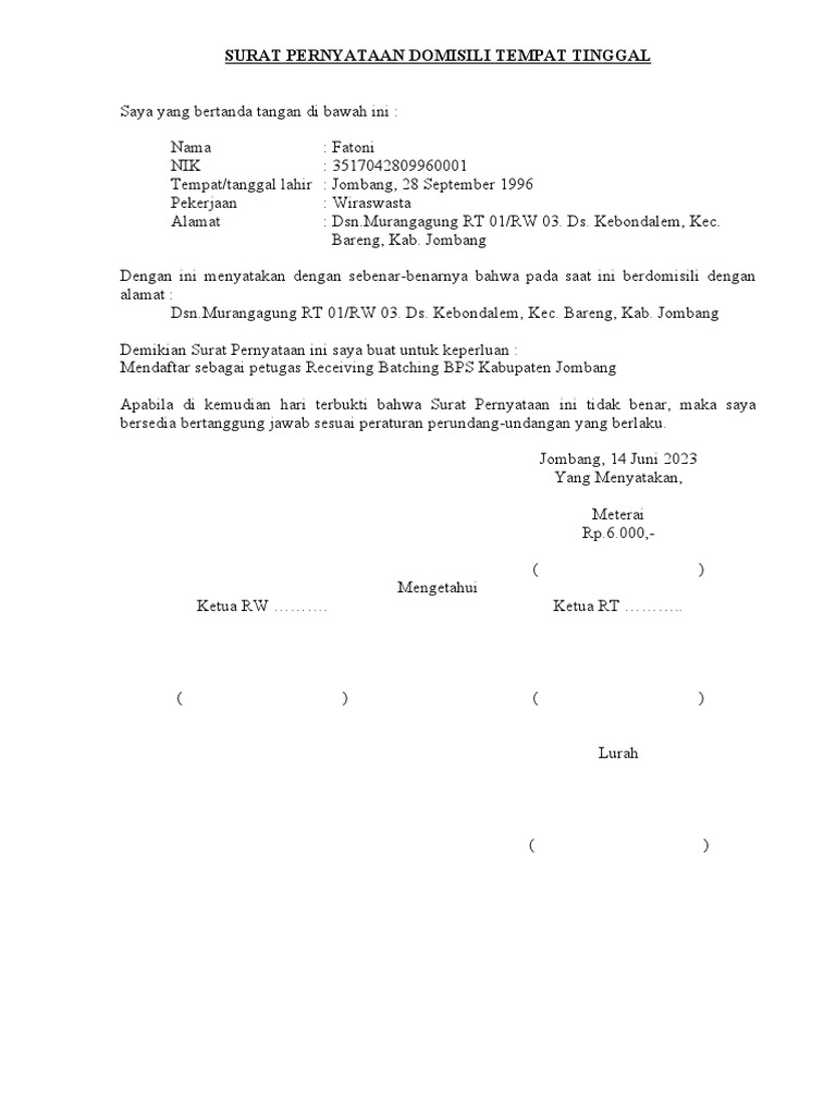 Surat Pernyataan Domisili Tempat Tinggal 2184 | PDF Surat Pernyataan Domisili Tempat Tinggal 2184 | PDF