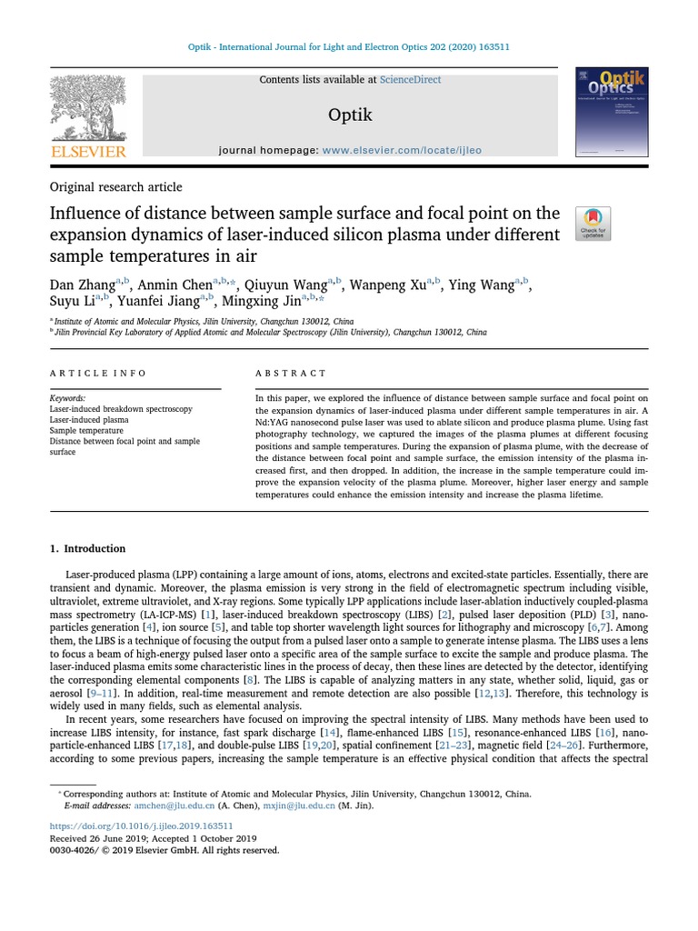 2020-Zhang-Influence of Distance Between Sample Surface and Focal Point | PDF | Laser | Plasma ...