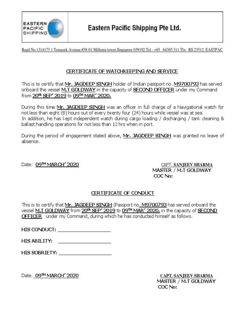 SEATIME CERTIFICATE GOLDWAY11 | PDF