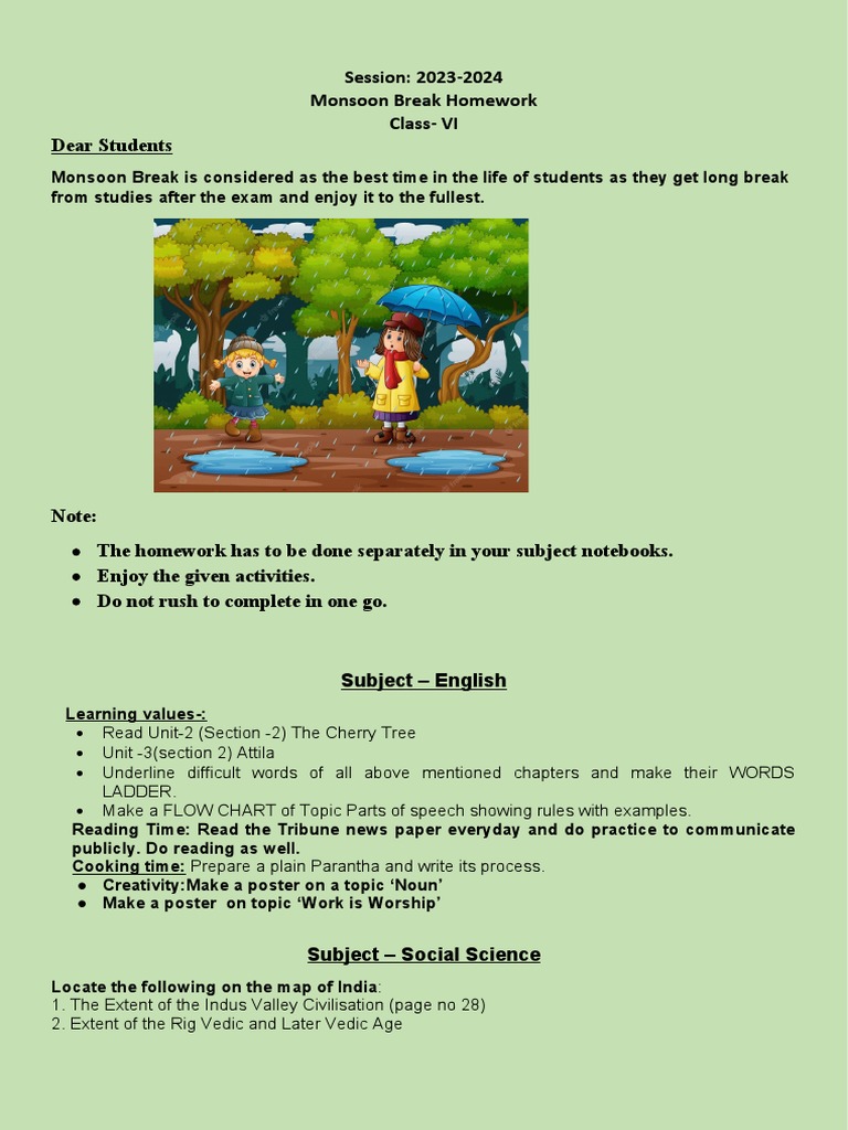 Holidays Homework Class VI-1 | PDF