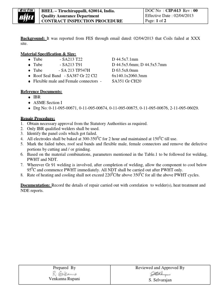 Welding Repair Procedure BHEL | PDF