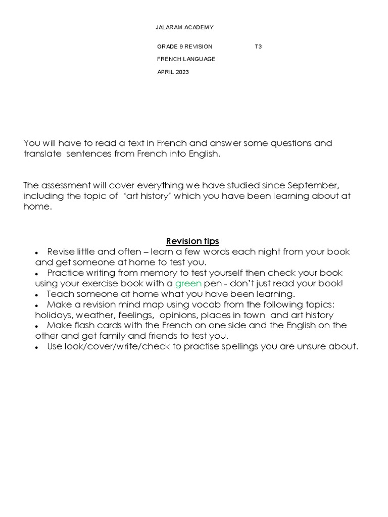 Year 9 Revision French T2 | PDF