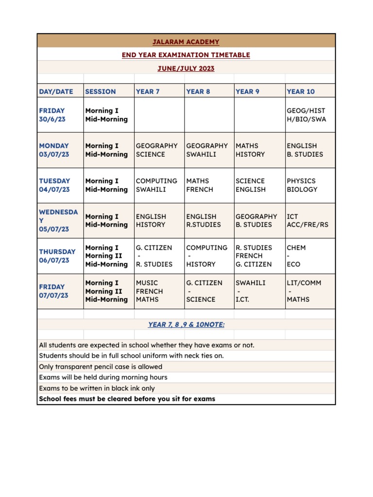 Jalaram Academy End Year Exam Timetable | PDF