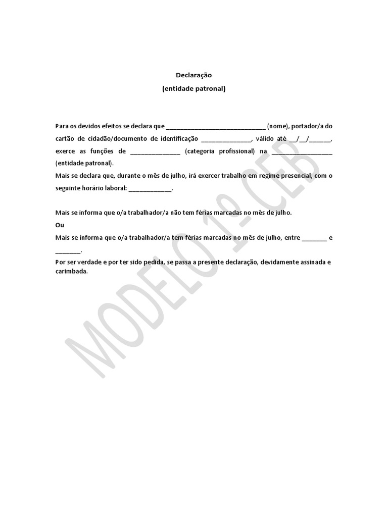 Modelo de Declaracao - Entidade Patronal - 1o CEB | PDF