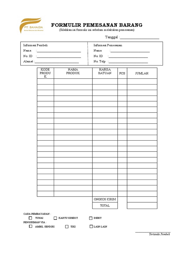 Contoh Formulir Pemesanan Barang | PDF