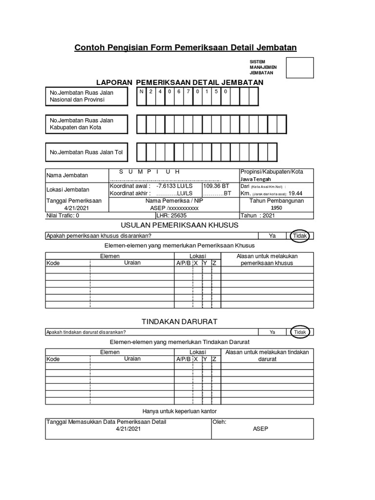 d5025 Contoh Pengisian Form Pemeriksaan Detail Jembatan | PDF