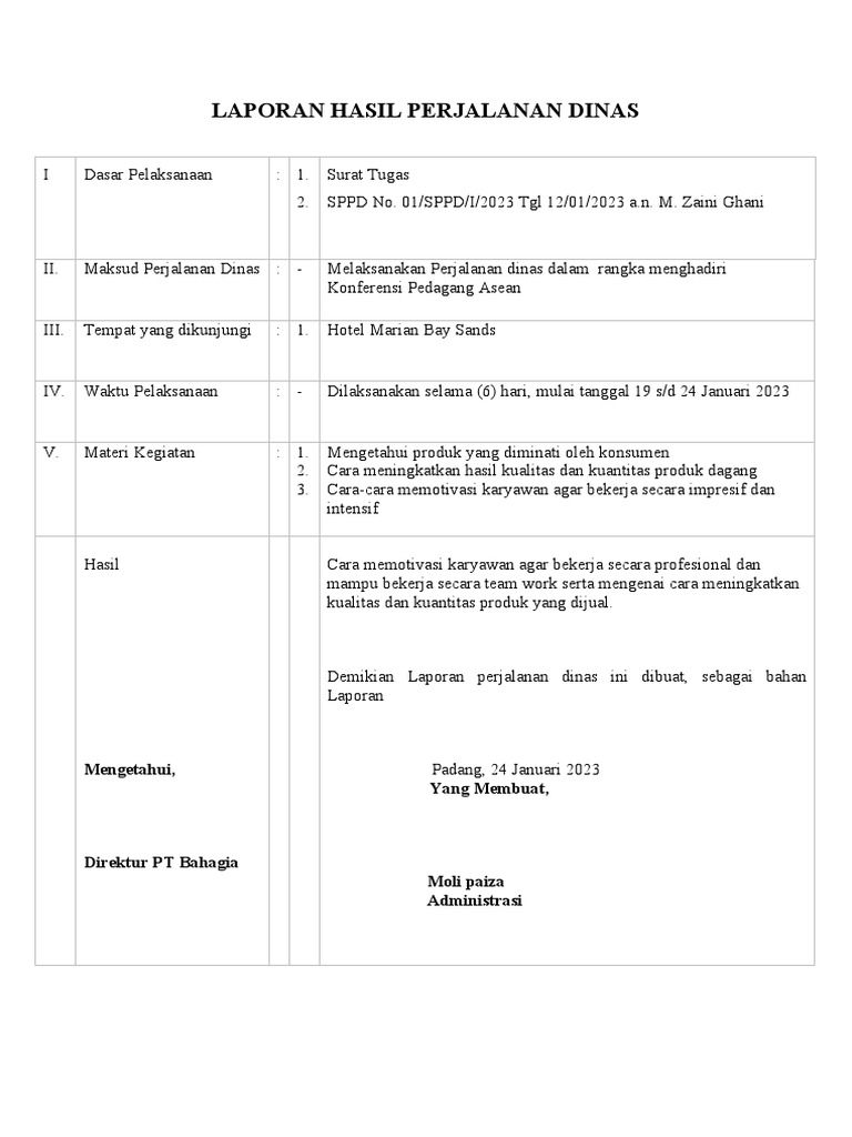 Contoh Laporan Hasil Perjalanan Dinas | PDF