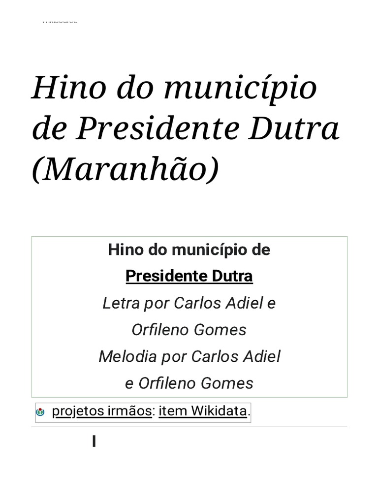Hino do município de Presidente Dutra (Maranhão) - Wikisource | PDF