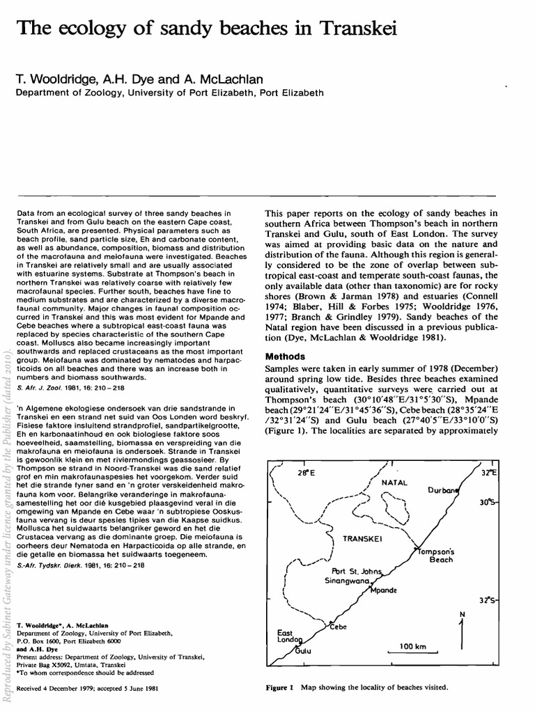 Wooldridge T Et Al 1981 Ecology of Sandy Beaches in The Transkei | PDF ...