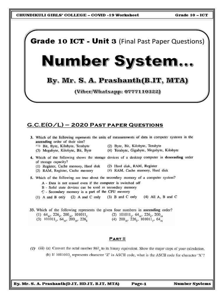 Grade 10 Unit 3 - Number Systems Past paper Questions(English) | PDF