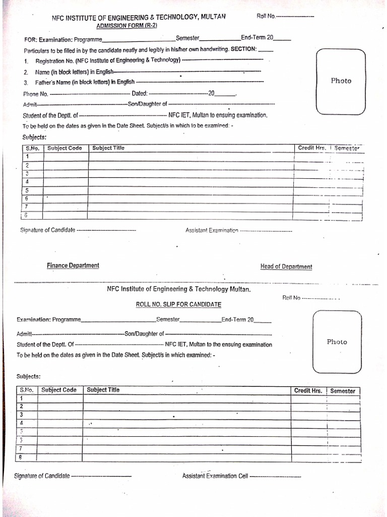 Examination Form For NFC-IET, Multan | PDF