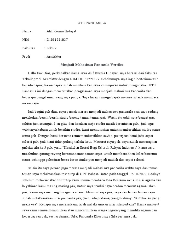 Uts Pancasila Alif Kurnia Hidayat - D1031221027 | PDF