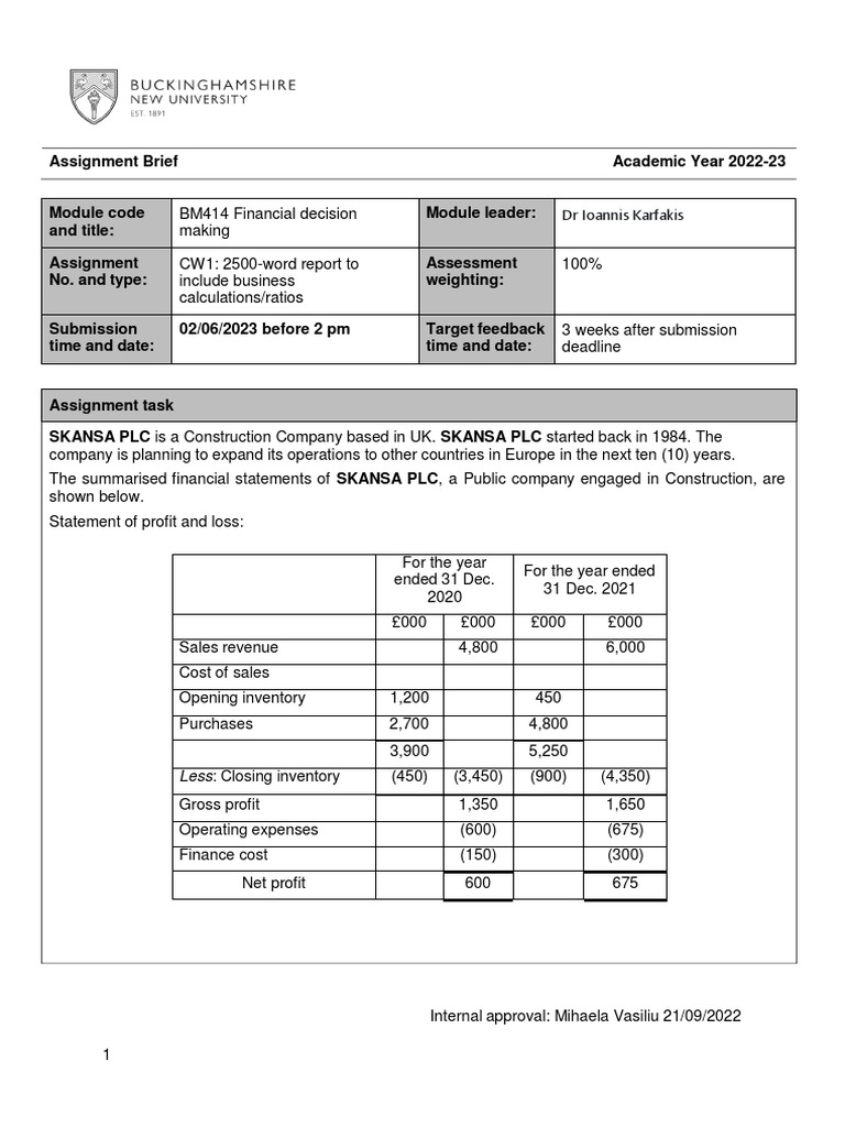 BM414 CW1 Assignment Brief 2022-23 | PDF | Investing | Income Statement