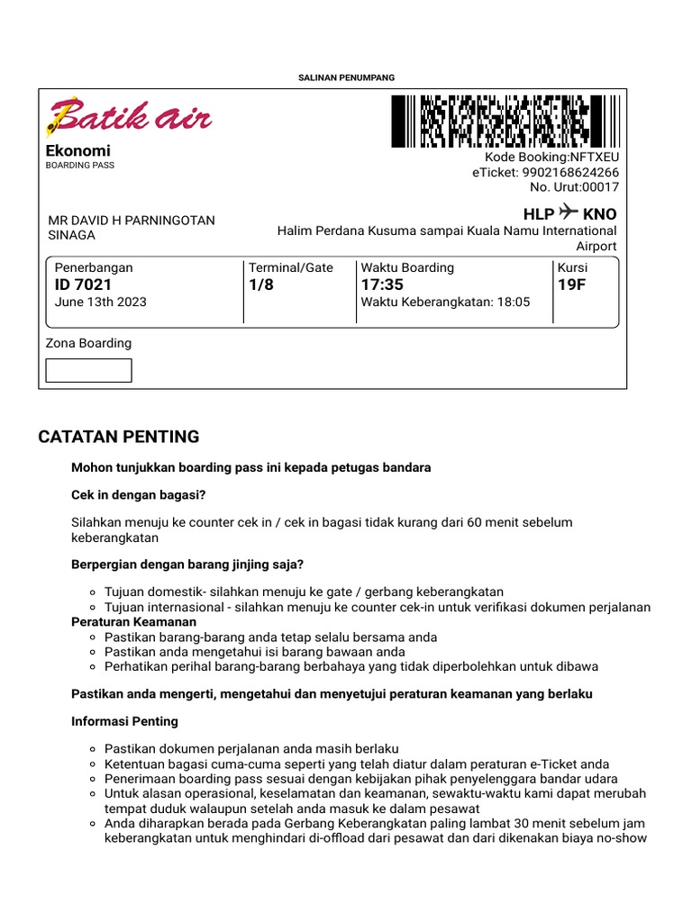 Tiket Batik Air Konfirmasi - Check-In | PDF