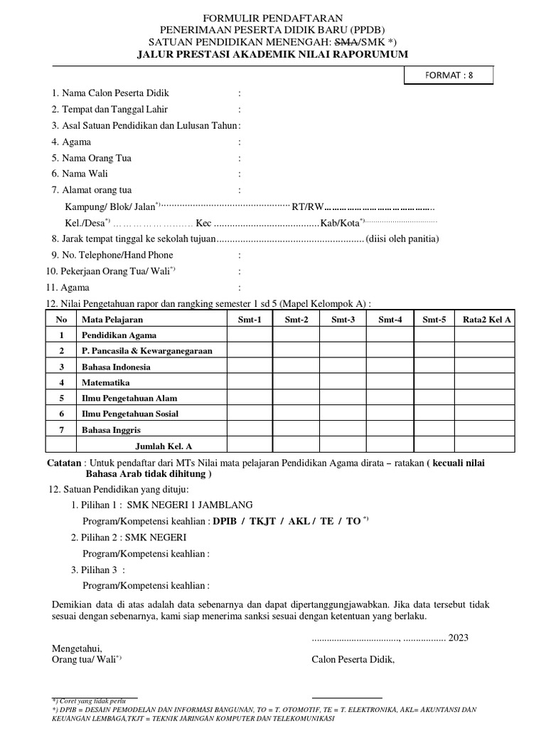 9 Formulir Pendaftaran Jalur Akademik Nilai Rapot | PDF